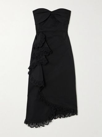 Kika Vargas Tara Tr&auml;gerloses Midikleid Aus Twill Mit Lochstickerei - Schwarz