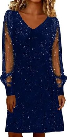 Generic Robe de plage &eacute;l&eacute;gante - Tenue du Nouvel An - Robe festive avec col en V et manches longues - Robe moulante &agrave; paillettes - Robe de soir&eacute;e &eacute;l&eacute;gante en 