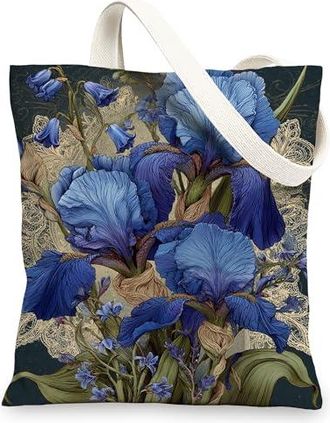 Generic Sacs fourre-tout en toile à motif floral bleu, sacs de courses réutilisables, style vintage élégant, léger, lavable, bleu, 13x15 Inch