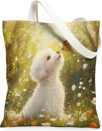 Generic Sac fourre-tout en toile motif bichon fris&eacute; pour le shopping 33 x 38,1 cm, sac d&eacute;picerie r&eacute;utilisable pour femme, animal de compagnie, peinture, d&eacute;cor
