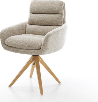 DELIFE Drehstuhl Abelia-Flex mit Armlehnen Webstoff Soft Beige Holzgestell kantig Natur 180&deg; drehbar, Esszimmerst&uuml;hle