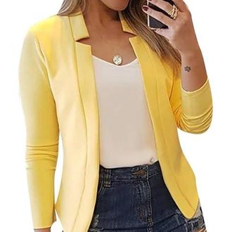 Generic Blazer daffaires minimaliste à col à revers solide pour femme, avec une coupe ajustée, revers cranté, jaune, XXL