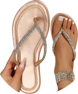 Minetom Sommer Sandalen Flach Flip Flops Damen Flach Zehentrenner Glitzer Strasssteine Sandaletten Pool Meer Strand Outdoor Sommerschuhe A Gold 42 EU
