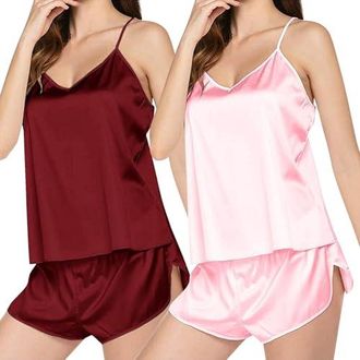 Generic Lot de 2 Pyjama Femme Sexy Chic Dentelle Pyjama Femme Ete Comfy Ensembles de Pyjama Femme à Top Debardeur Femme Col V + Pyjama Short Femme Pyjama Femm