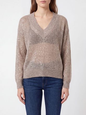 Brunello Cucinelli Pullover mit V-Ausschnitt aus Wollmischung und Lurex mit &uuml;berschnittenen Schultern