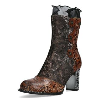 Laura Vita Damen Stiefelette mit floralem Muster und Bl&uuml;tenapplikation Ledao 48, Gr&ouml;&szlig;e:39 EU, Farbe:Braun