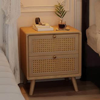 Generic Nachttisch Mit Rattanschubladen, Beistelltisch Aus Gummibaumholz Mit Antikollisionsecken, Geräumiger Aufbewahrungsschrank Für Das Schlafzimmer(Wood,35