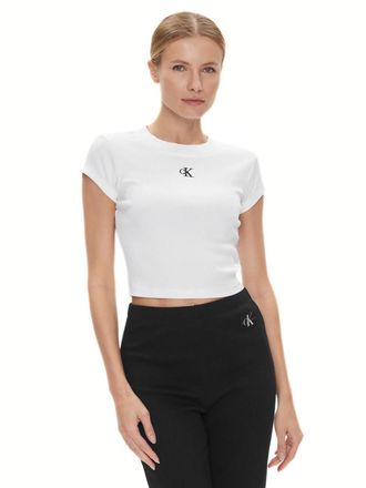 Calvin Klein Damen T-Shirt Kurzarm Ck Rib Baby Tee Cropped, Weiß (Bright White), 3XL