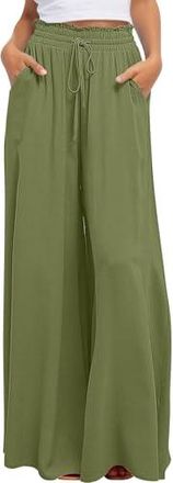 Feoya Pantalon Large Femme Pantalon Sport Pantalon Cordon Serrage Pantalon de Jogging avec Poches Surv&ecirc;tement Yoga Solide Vert L