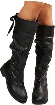 Generic Bottes mi-mollet femme &eacute;l&eacute;gantes &agrave; talon carr&eacute; avec d&eacute;tails froiss&eacute;s et noeud d&eacute;coratif fermeture &eacute;clair pour un style confortable en toutes saisons (