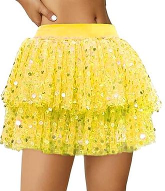 Generic Jupe en mousseline de soie pour femme - Couleur unie - Mini jupe de danse &agrave; bulles - Jupe courte - Jupe de lit double avec pompons, dor&eacute;, Taille uniqu