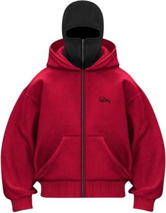 Minetom Sweat À Capuche Homme Sweat Zippé Veste Chaude Hoodie Cagoule Moto Masque Anti-Vent Sweat pour Sports De Plein Automne Hiver B Rouge XS