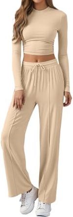 Generic Ensemble de Surv&ecirc;tement Deux Pi&egrave;ces pour Femme D&eacute;contract&eacute; Tenue de Sport Top &agrave; Manche Longue Taille Haute et Cordon de Serrage Pantalon avec Poches S