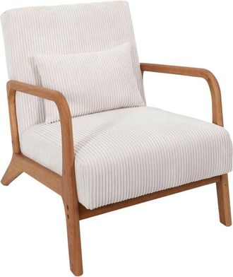 Atmosphera Atmosphera - Fauteuil lounge en velours c&ocirc;tel&eacute; beige et bois - tako