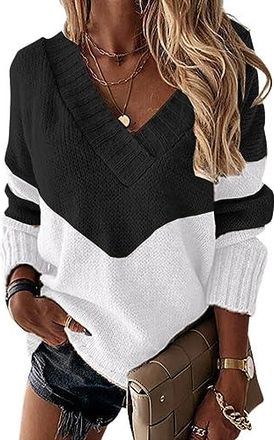 TOMWELL Pulls Femme Élégant Pullover Casual Lâche Col V Manche Longue Pullover en Tricot Haut en Maille Sweats Printemps Automne A Vin Rouge M C Noir XL