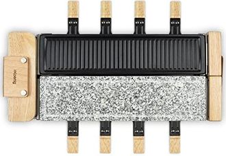 H.Koenig Appareil à Raclette 8 Personnes WOD360, fromage, Fondue, Pierre Granit et Bois Naturel, Socle Pivotant à 180°, Plaques Amovibles, Accessoires 8 Poêlon