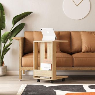 Decortie Decortie Edi Table dappoint moderne en forme de C Mobile fonctionnel avec compartiment ouvert Ch&ecirc;ne H60cm