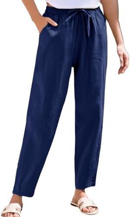 Generic Pantalon long en lin d&eacute;contract&eacute; pour femme avec cordon de serrage - Taille haute - Pantalon de loisirs - Couleur unie - Avec poches - V&ecirc;tement de d&eacute;t