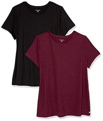 Amazon Essentials T-shirt Stretch et Quick Dry, Col Rond et Manches Courtes (Disponible en Grande Taille) Femme, Lot de 2, Bordeaux Teinture Spatiale/Noir, XXL Grande t