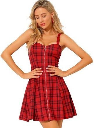 Allegra K Robe sans Manches à Carreaux avec Fermeture à glissière sur Le Devant pour Femmes fête Festival Vacances Rouge M