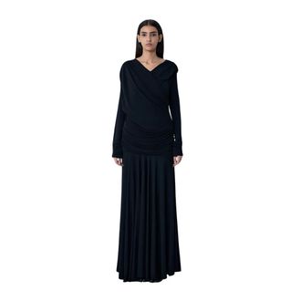Ganni Femme, Robes, Noir, Taille: 34 FR Robe Longue &agrave; Col en V et Ruch&eacute;e