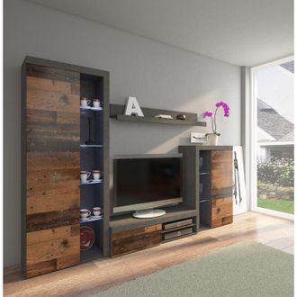 Furnix Furnix - Mediawand Alvor Wohnwand TV-Lowboard Highboard Vitrine 4-tlg 270 cm old wood matera