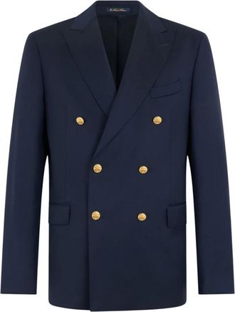Brooks Brothers Homme, Vestes, Bleu, Taille: 2XL Blazer Double Boutonnage en Laine Vierge avec Boutons Dor&eacute;s