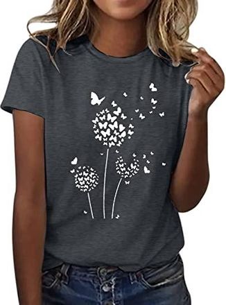 Generic T-shirt &agrave; manches courtes pour femme avec col rond Motif pissenlit pour femme, gris fonc&eacute;, XXL