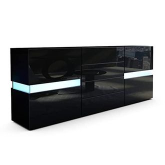 Vladon Sideboard Flow, Noir Mat/Noir Haute Brillance y Compris LED - Commode Moderne avec vitrage Ambient Light pour Votre Espace de Vie (177 x 75 x 39 cm)