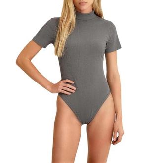Alexis Leroy Body Femme Manches Courtes Col Mi-Haut Formant &Eacute;l&eacute;gant pour Tenues Quotidiennes Gris Fonc&eacute; L