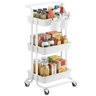 Songmics Rollwagen, 3 Ebenen, Servierwagen, K&uuml;chenwagen mit Griff, 2 kleine Einh&auml;ngef&auml;cher, 2 Bremsen, Ablagef&auml;cher aus Kunststoff, einfacher Aufbau, Schlafzim