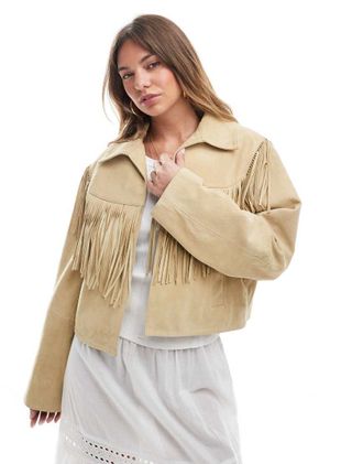 Asos Veste en daim v&eacute;ritable &agrave; franges - Beurre-Jaune