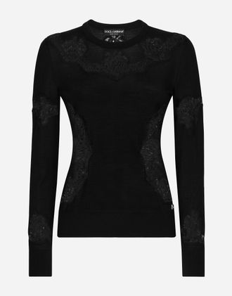 Dolce & Gabbana Pullover Aus Kaschmir Und Seide Mit Intarsie Aus Spitze - Frau Strickwaren Schwarz 44