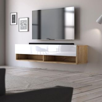 Calicosy Calicosy - Meuble tv suspendu 1 porte 140x31x30 cm d&eacute;cor ch&ecirc;ne et blanc - lesli
