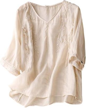 Generic T-shirt &eacute;l&eacute;gant pour femme - Col en V - Chemisier en lin &agrave; manches courtes - Chemise d&eacute;t&eacute; l&eacute;g&egrave;re et a&eacute;r&eacute;e - Chemisier en mousseline - Broderie - Chemi