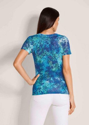 Madeleine Strickpullover Viskosepullover mit All-Over-Print Sommerpulli mit Rundhalsausschnitt, Rippenblenden und Kurzarm