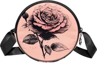 Generic Sac &agrave; bandouli&egrave;re Circle pour femme, petit sac &agrave; bandouli&egrave;re rose noire avec fermeture &eacute;clair, bretelles r&eacute;glables, sac &agrave; main rond d&eacute;contract&eacute; pour f