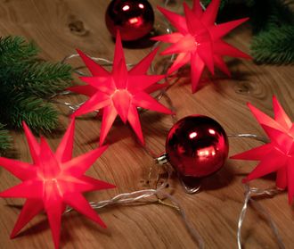 Bonetti 3D Leuchtstern Lichterkette mit 10 LED-Sternen, ca. 6,75m + Zuleitung, für Innenbereich und Außenbereich, warm-weiß beleuchtet, Timerfunktion (rot, 10