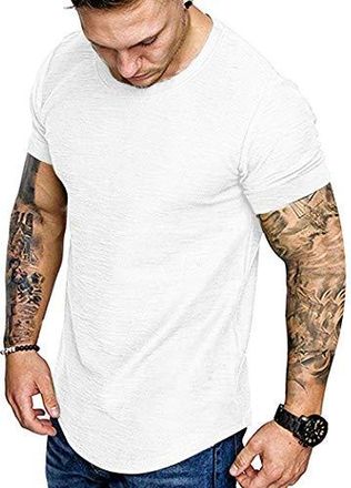 Coofandy Hommes T-Shirt Col Rond Gym Shirt dÉté Trainning Shirt de Sport Fitness Musclesshirt Unicolore Blanc XXL