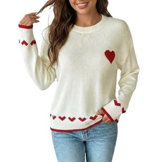 Generic 2026 Valentine Style Heart Intarsia Pullover - Pull en tricot &agrave; col rond, blanc, L