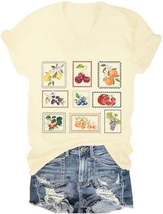 Generic T-shirt à motif de fruits dété, t-shirt unisexe à col en V, Jaune crémeux., XL