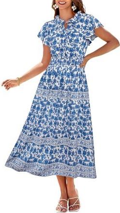 Grace Karin Robe d&eacute;t&eacute; d&eacute;contract&eacute;e &agrave; manches volant&eacute;es pour femme - Col rond - Style boh&egrave;me - Pour la plage, motif floral bleu, S