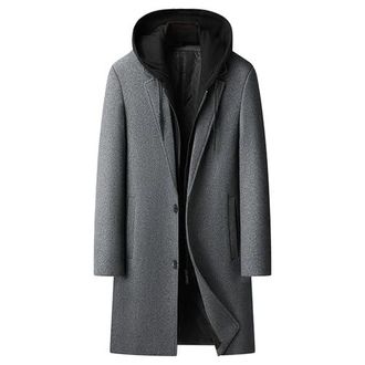 Generic Manteau en laine &agrave; capuche pour homme - Trench long &agrave; simple boutonnage - Manteau mi-long classique daffaires avec &eacute;charpe, gris, 3XL