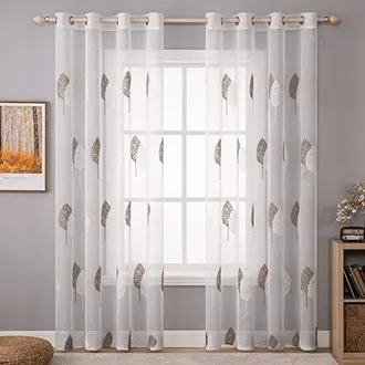 Miulee Rideaux Voilage avec Beau Motif de Feuilles Marron et Blanc, Int&eacute;rieurs Rideau Voile Brod&eacute; a Oeillets Largeur 140 CM Hauteur 225, Transparent Voilage 