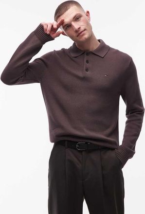 Tommy Jeans Polo &agrave; logo sur la poitrine et manches longues - Marron-Brown