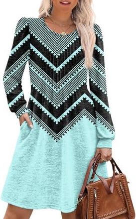 Generic Robe boh&egrave;me pour femme, mini robe &agrave; manches longues, col rond, robe trap&egrave;ze d&eacute;contract&eacute;e, fluide avec poches lat&eacute;rales, robe moulante formelle en tric