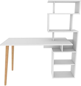 Les Tendances Bureau avec étagères bois blanc et pieds naturel Vikio 133cm