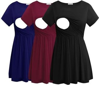 Smallshow Femme Tee Shirt Allaitement Manches Courtes T-Shirt Grossesse 3 Pack,Black-Navy-Maroon,XXL