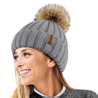 TOSKATOK Womens Winter-Rib Strickm&uuml;tze/Beanie mit abnehmbaren Chunky Faux Fur Bobble Pom Pom-Grey