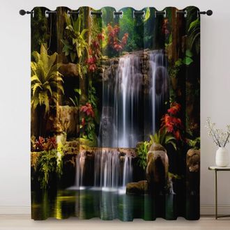 Generic Gardinen mit Ösen Blickdicht Vorhänge Wohnzimmer, Gartenlandschaft Wasserfall Blumen Design H183×B117 cm, 2er Set Thermovorhang Hitzeschutz Verdunkeln